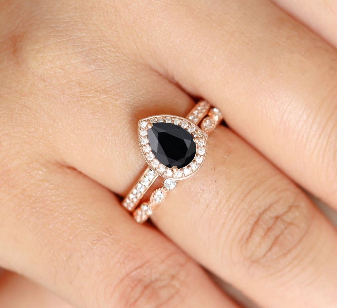 Pear 8.00X6.00 Mm Rose Gold Plated Natural Black Onyx Silver Engagement ...