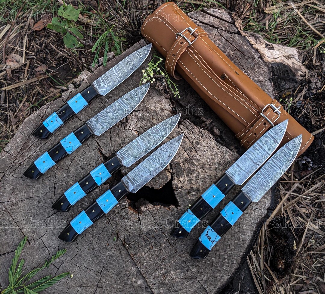 Damascus Steel Steak Knives Set, Black & Turquoise Striped Handle, BBQ ...