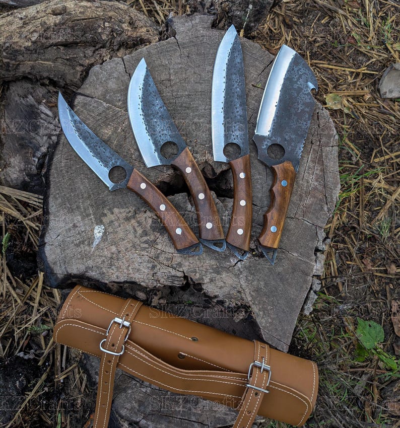 Hand Forged Chef Knife Set With Leather Roll, High Carbon Steel & Rose ...