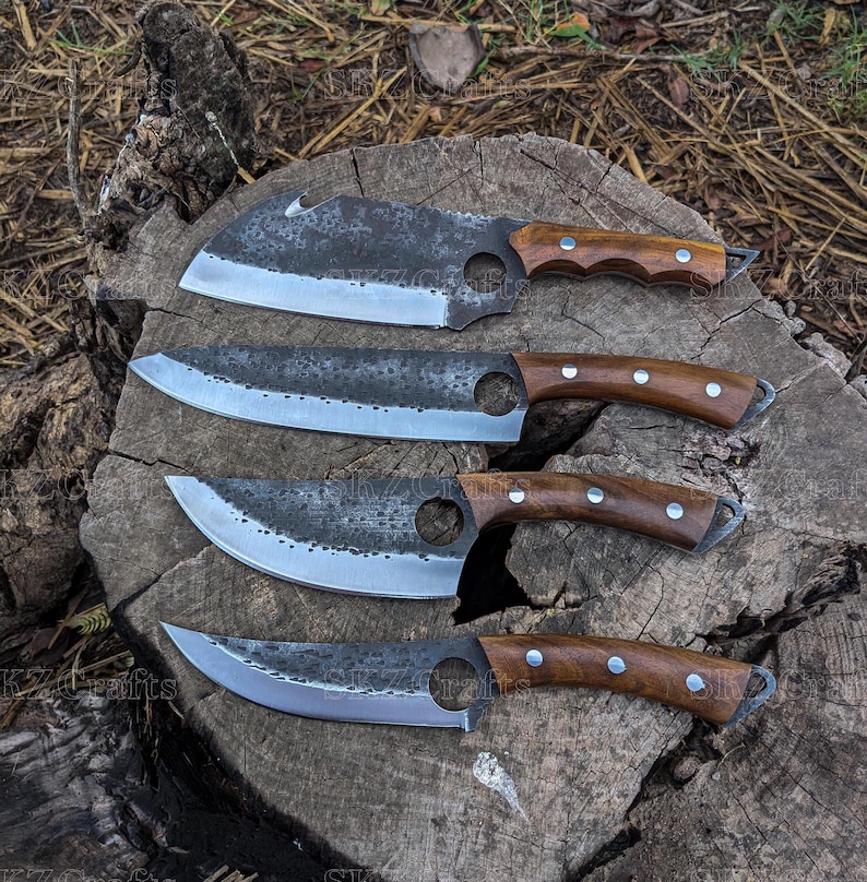 Hand Forged Chef Knife Set With Leather Roll, High Carbon Steel & Rose ...