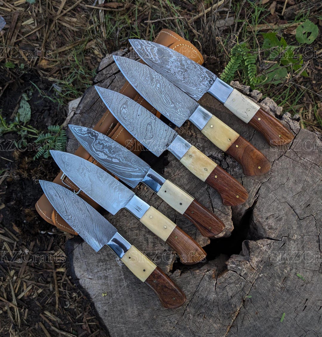 Handmade Steak Knives Set 6pcs Sharp Edge Blade With Full Tang Damascus ...