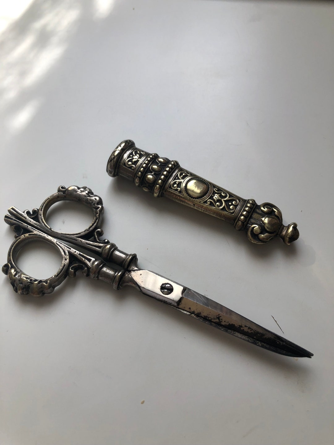 Victorian Antique Embroidery Ornate Brass Handles Scissors & Matching ...