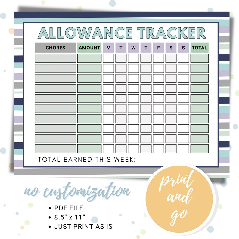 Allowance Tracker for Kids, Printable Reward Chart, Children’s ...