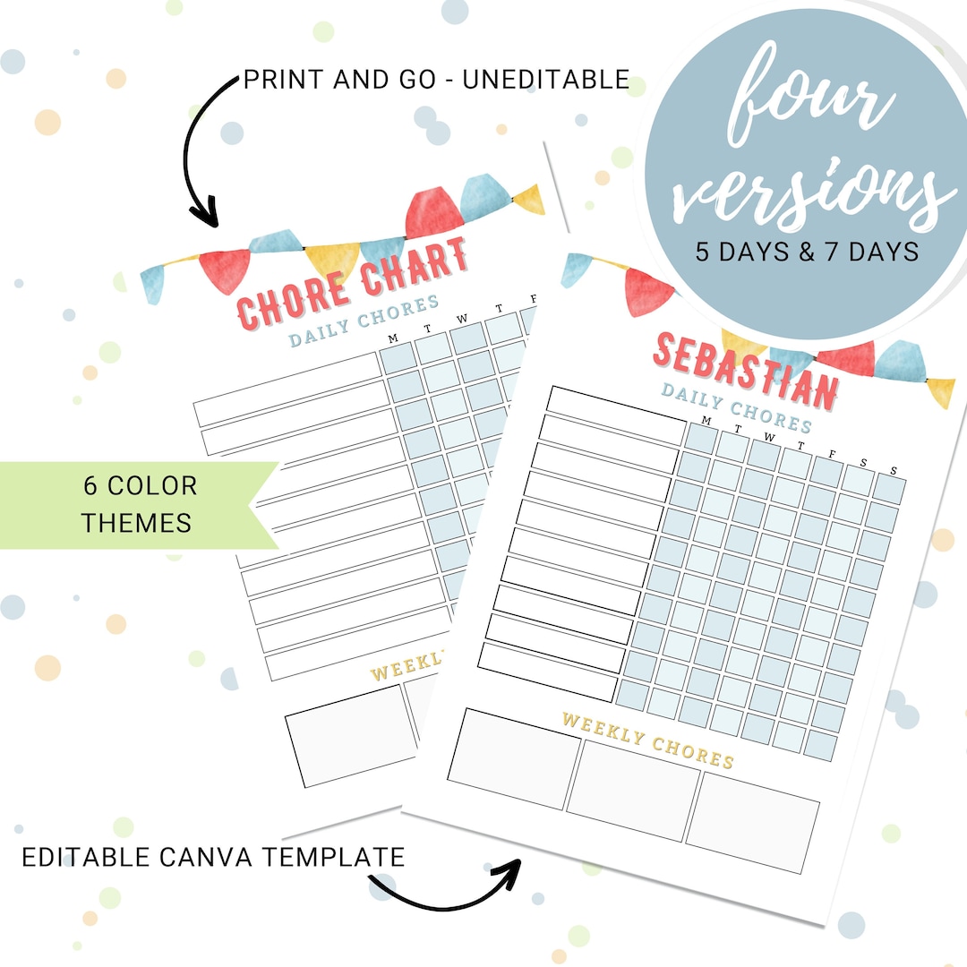 Chore Chart for Kids, Editable Daily & Weekly Chore Planner, Kids Chore ...