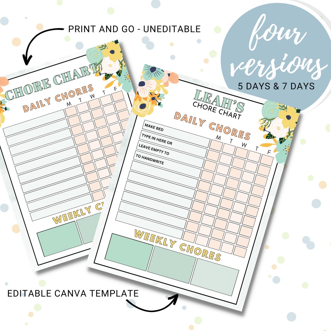 Chore Chart for Kids, Editable Daily & Weekly Chore Planner, Kids Chore ...