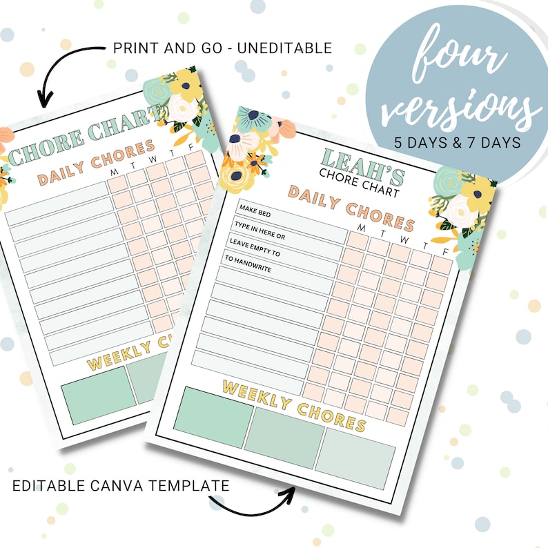 Chore Chart for Kids, Editable Daily & Weekly Chore Planner, Kids Chore ...