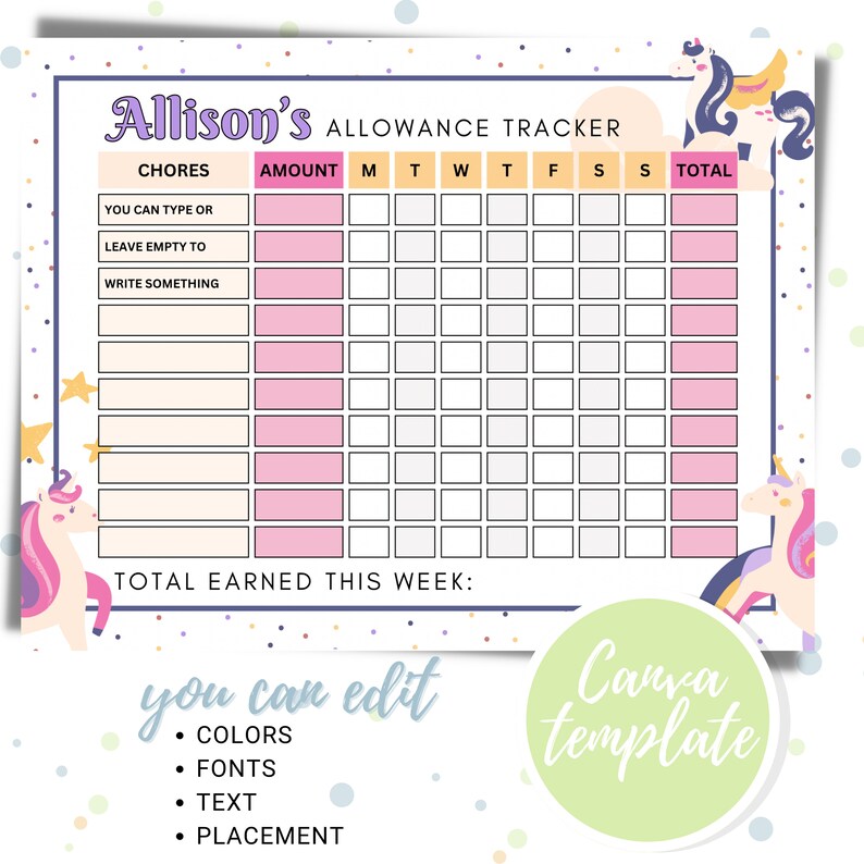 Allowance Tracker for Kids, Printable Reward Chart, Children’s ...