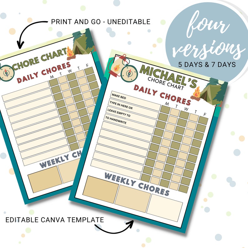 Chore Chart for Kids, Editable Daily & Weekly Chore Planner, Kids Chore ...