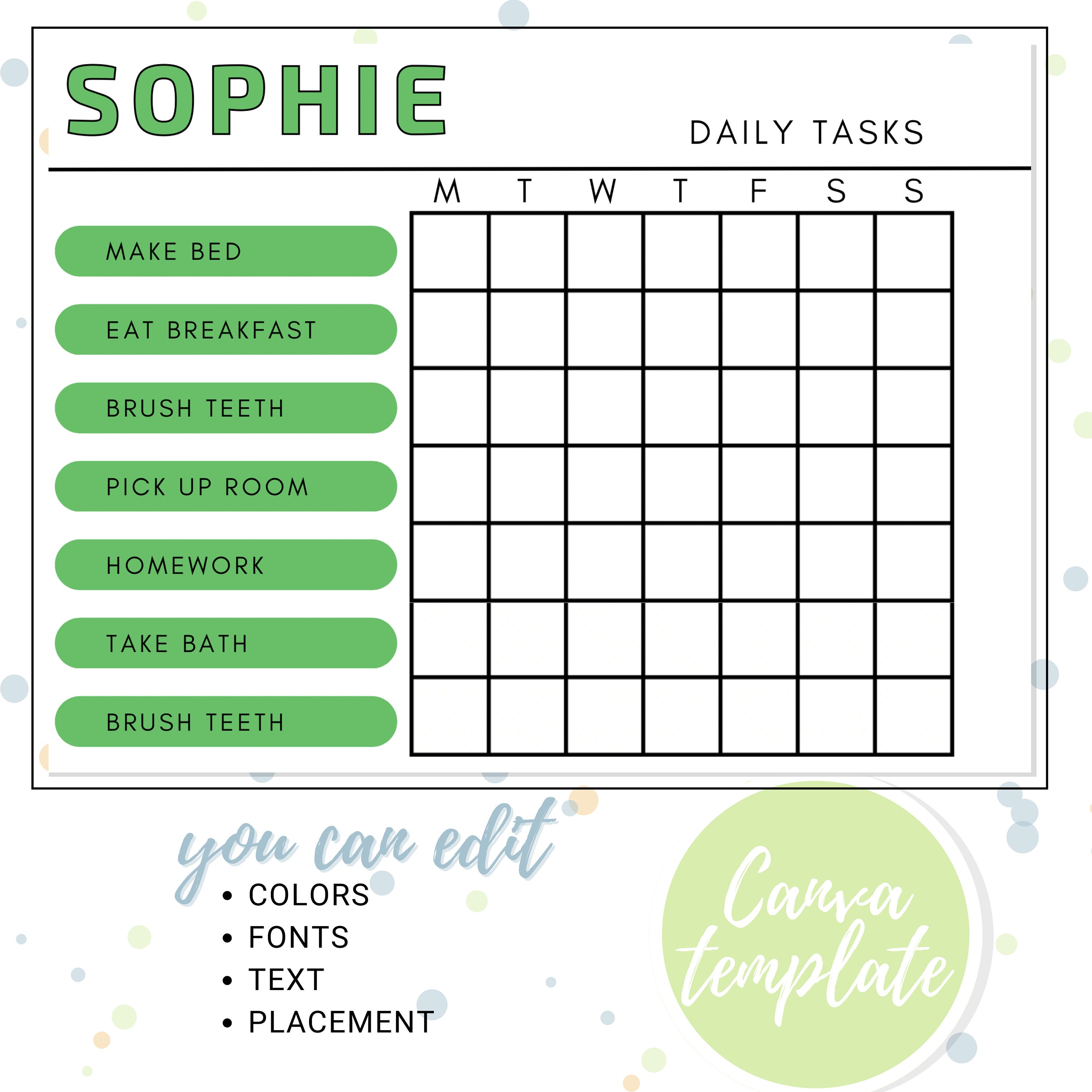 Chore Chart for Kids, Editable Daily & Weekly Chore Planner, Kids Chore ...