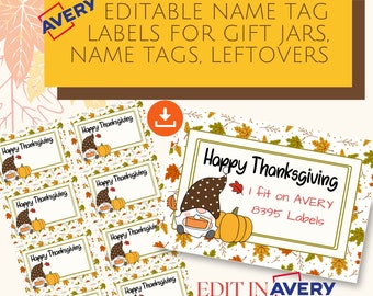 Digital Download Editable Thanksgiving Labels Gnome Gift Tag Food Jar ...