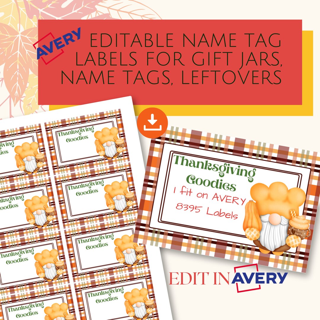 Digital Download Editable Thanksgiving Labels Gnome Gift Tag Food Jar ...
