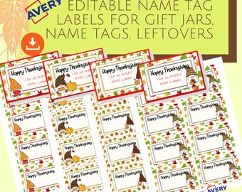 Digital Download Editable Thanksgiving Labels Gnome Gift Tag Food Jar ...