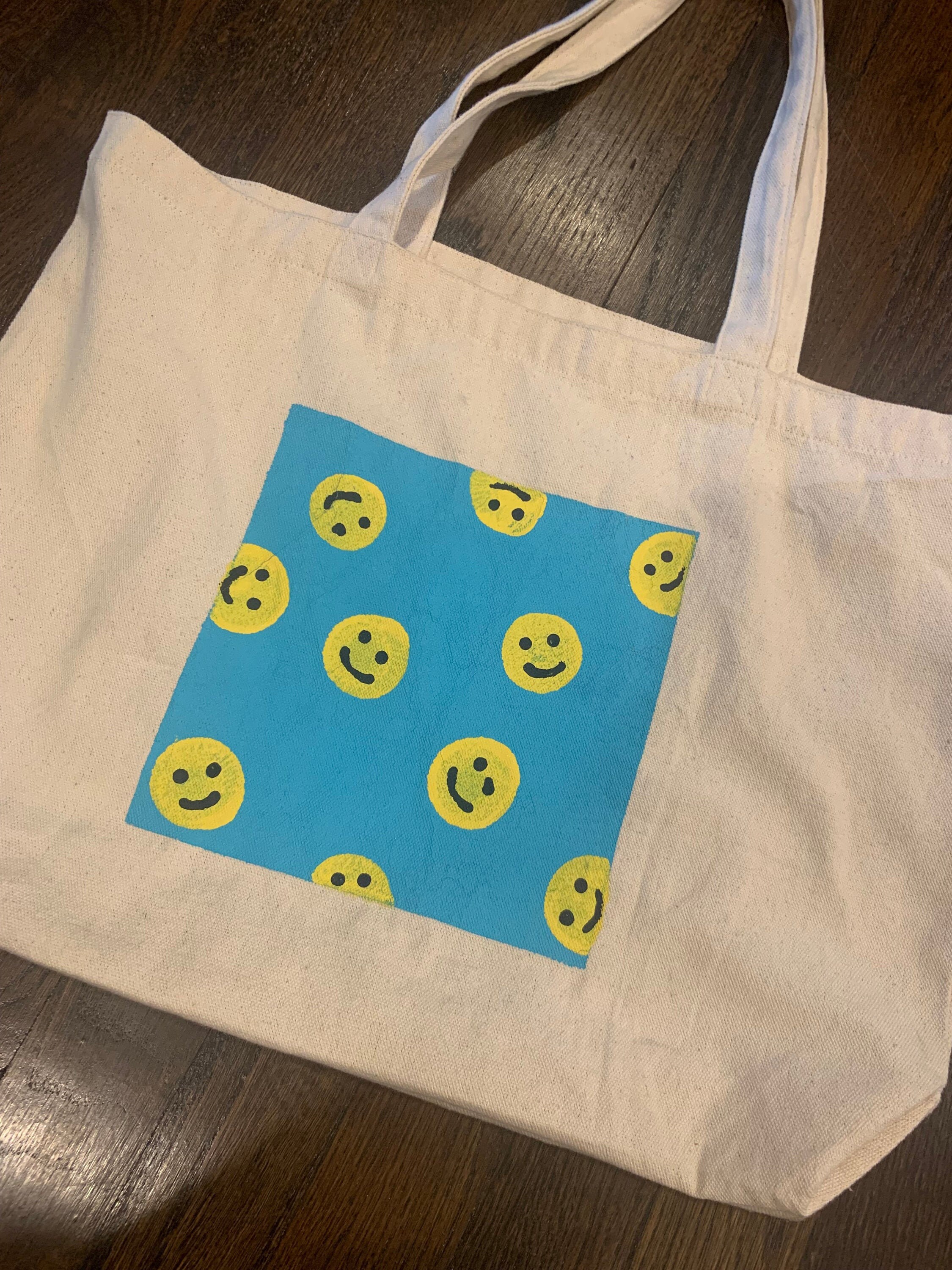 Hand Painted Blue and Yellow Smiley Face Tote Bag - Etsy