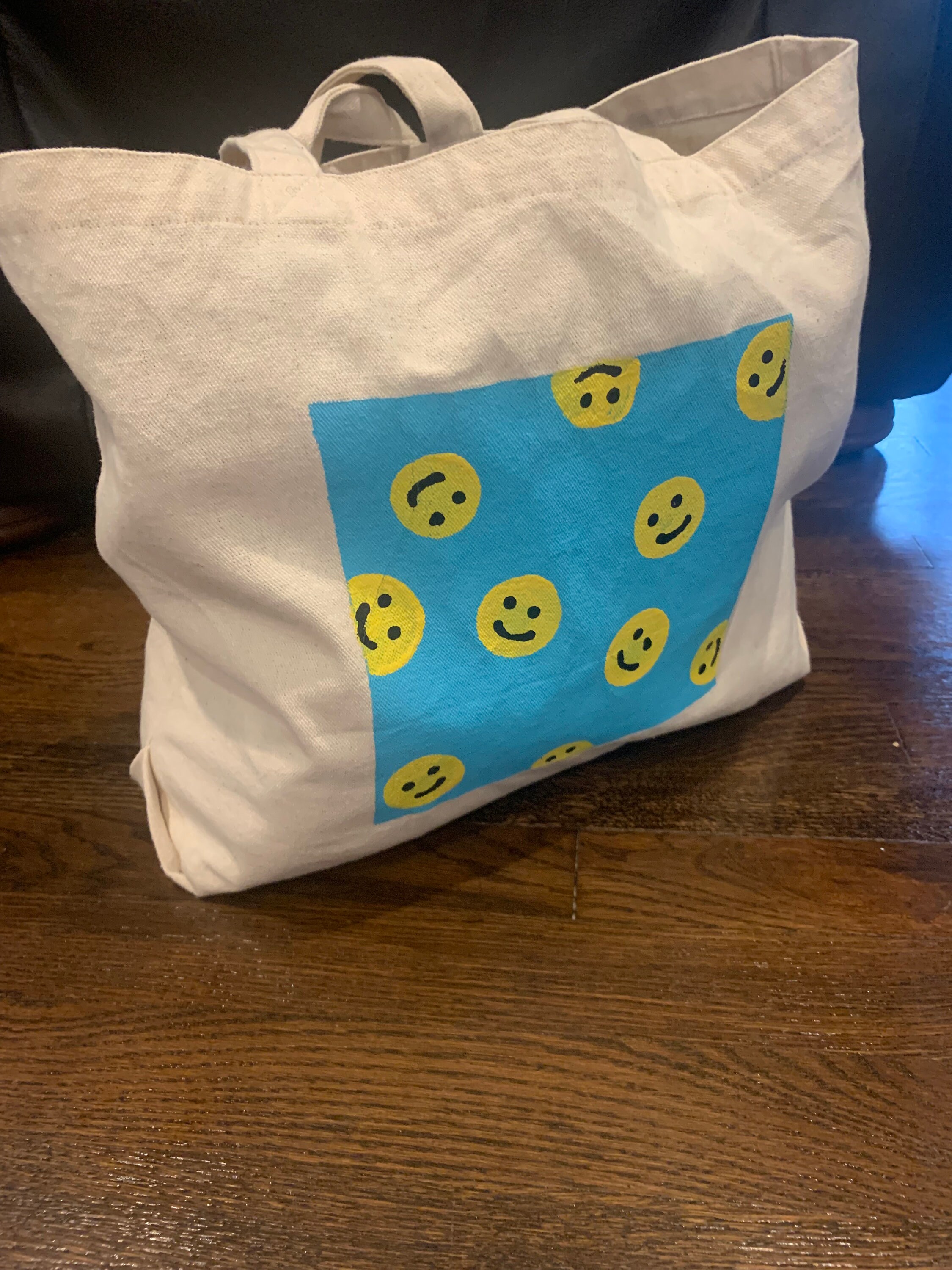 Hand Painted Blue and Yellow Smiley Face Tote Bag - Etsy