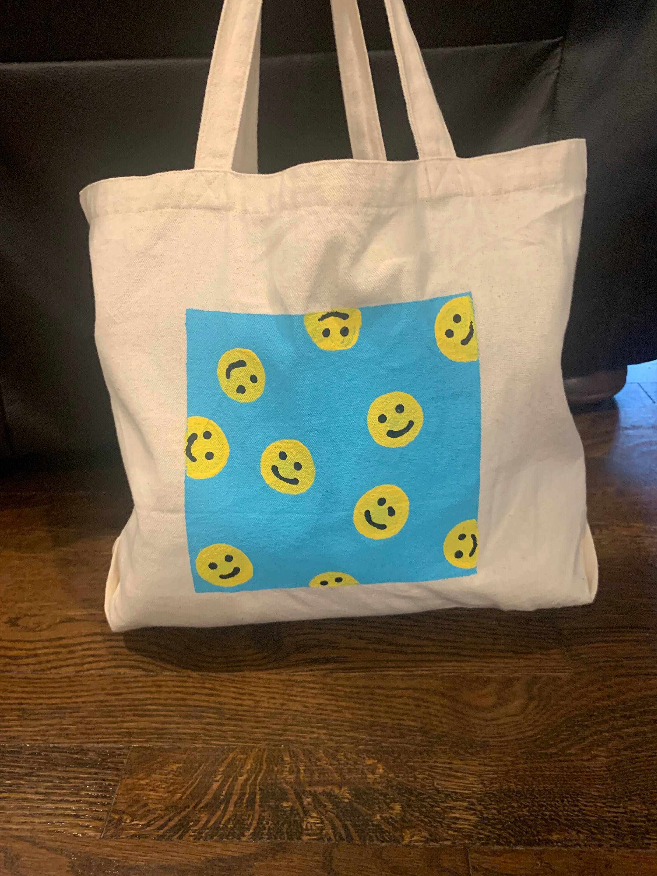Hand Painted Blue and Yellow Smiley Face Tote Bag - Etsy