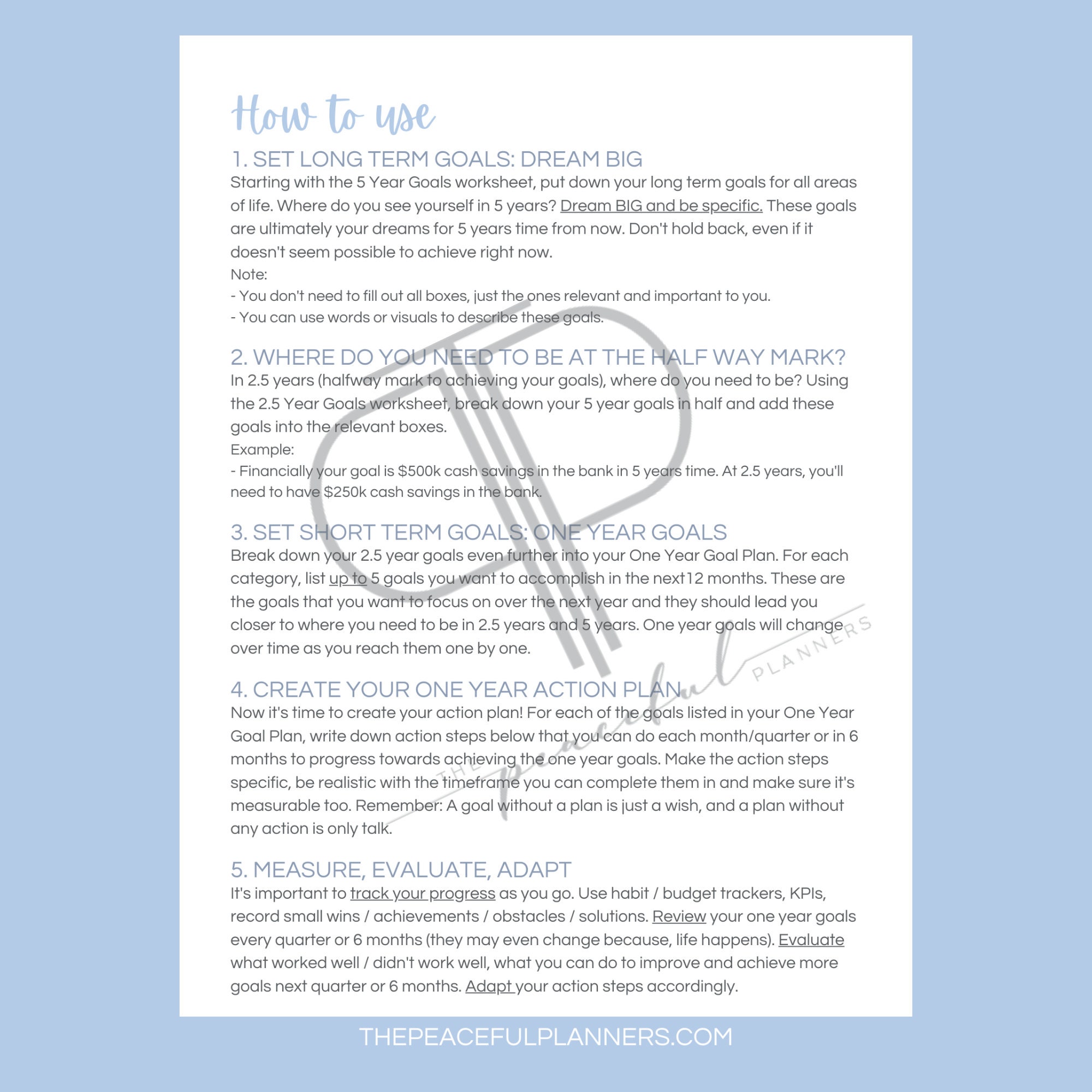 5 Year Goal Setting and Planning Guide Printable, Goal Setting, Goal ...
