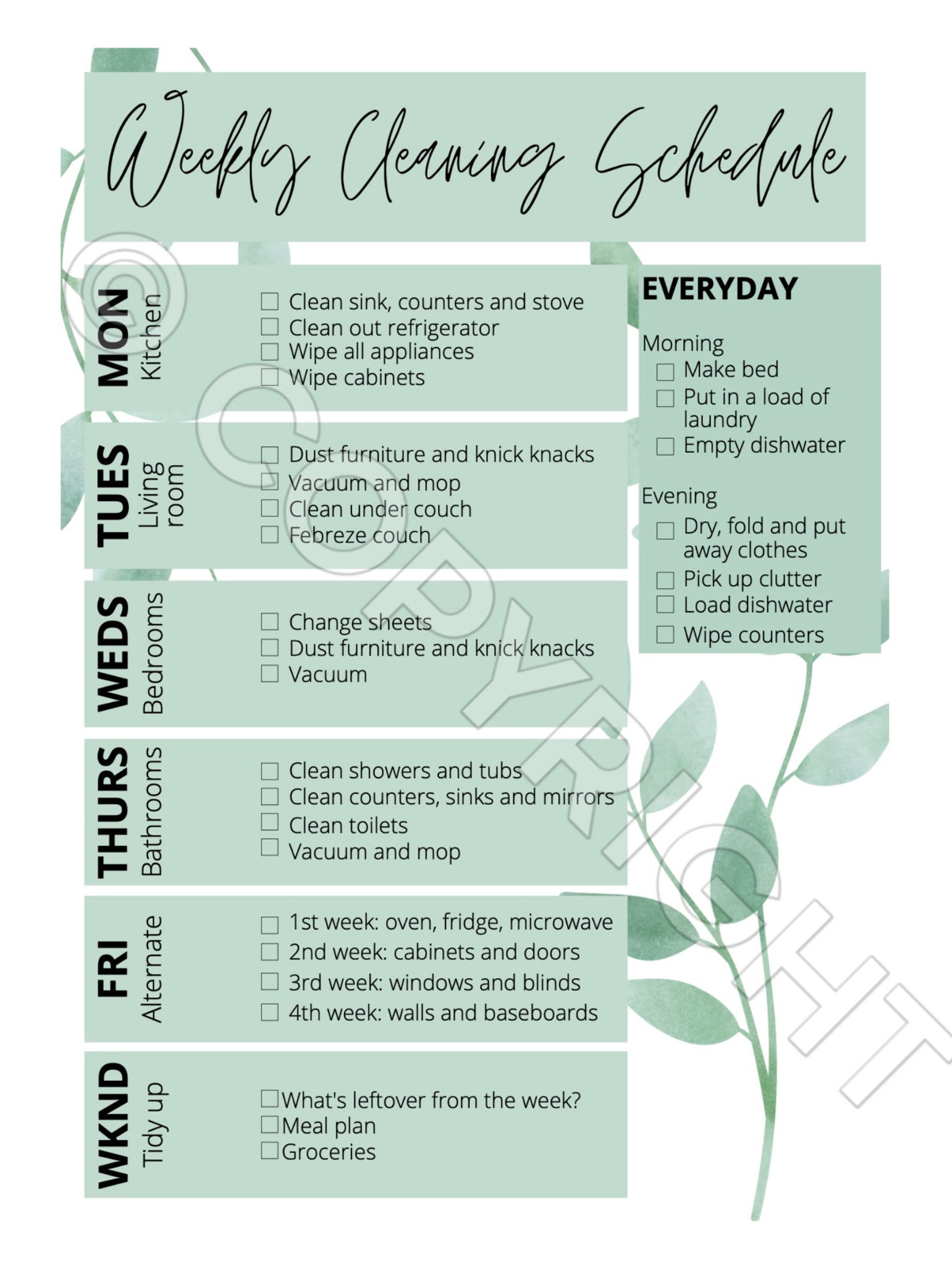 PRINTABLE Daily Cleaning Schedule, Weekly Cleaning Schedule, Cleaning ...