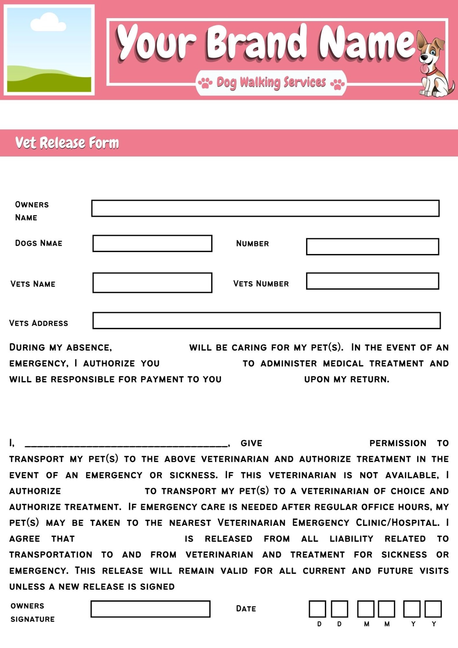 Dog Walking Business Forms. Dog Walker Business Forms. Vets Release ...
