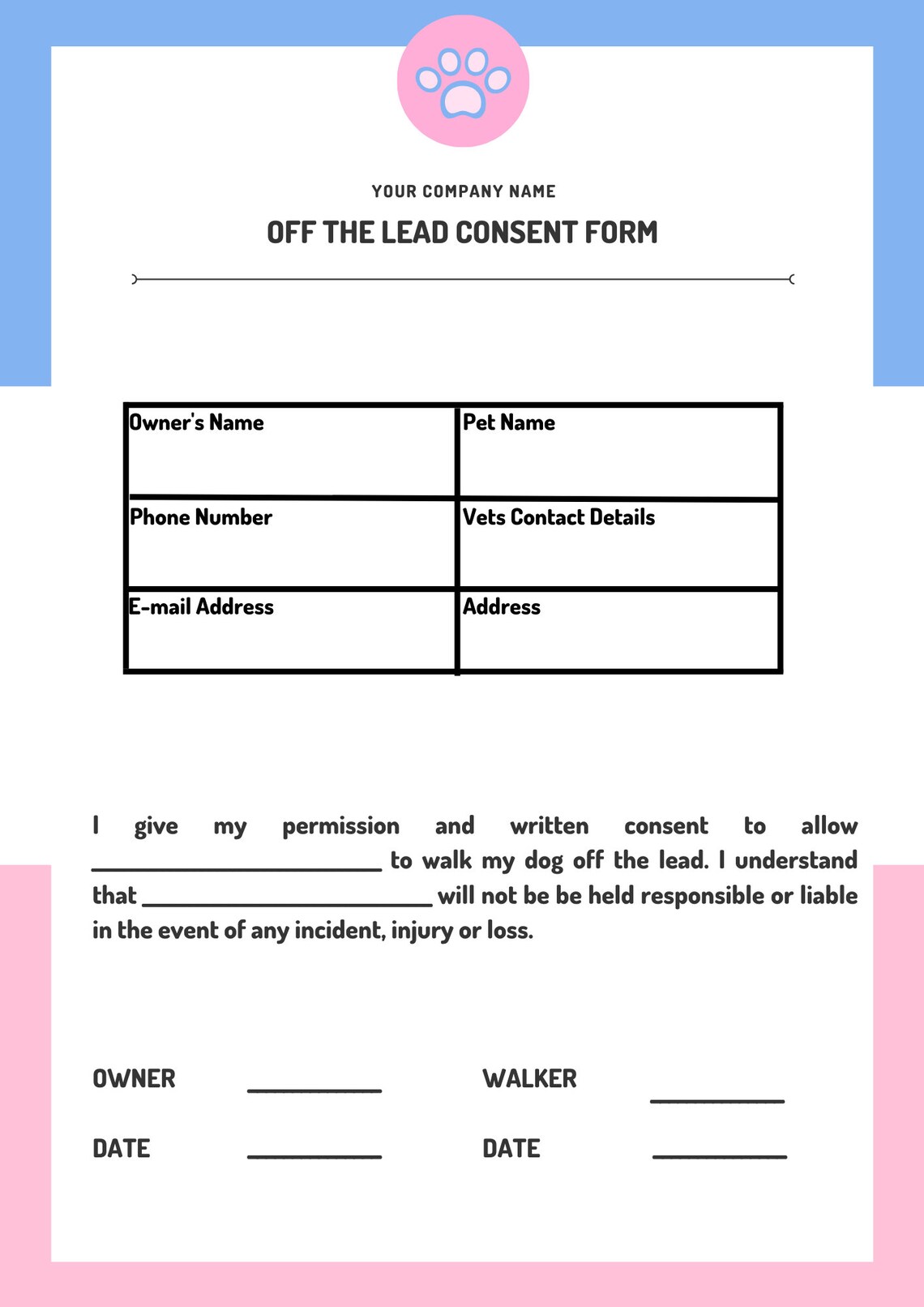 Dog Walking Consent Form Business Starter Kit Dog Printable Template