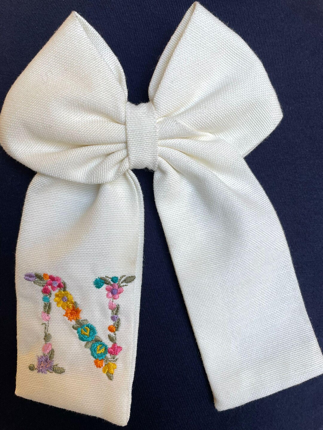 Personalized White Bow With Floral Embroidered Initial – Custom Hair ...