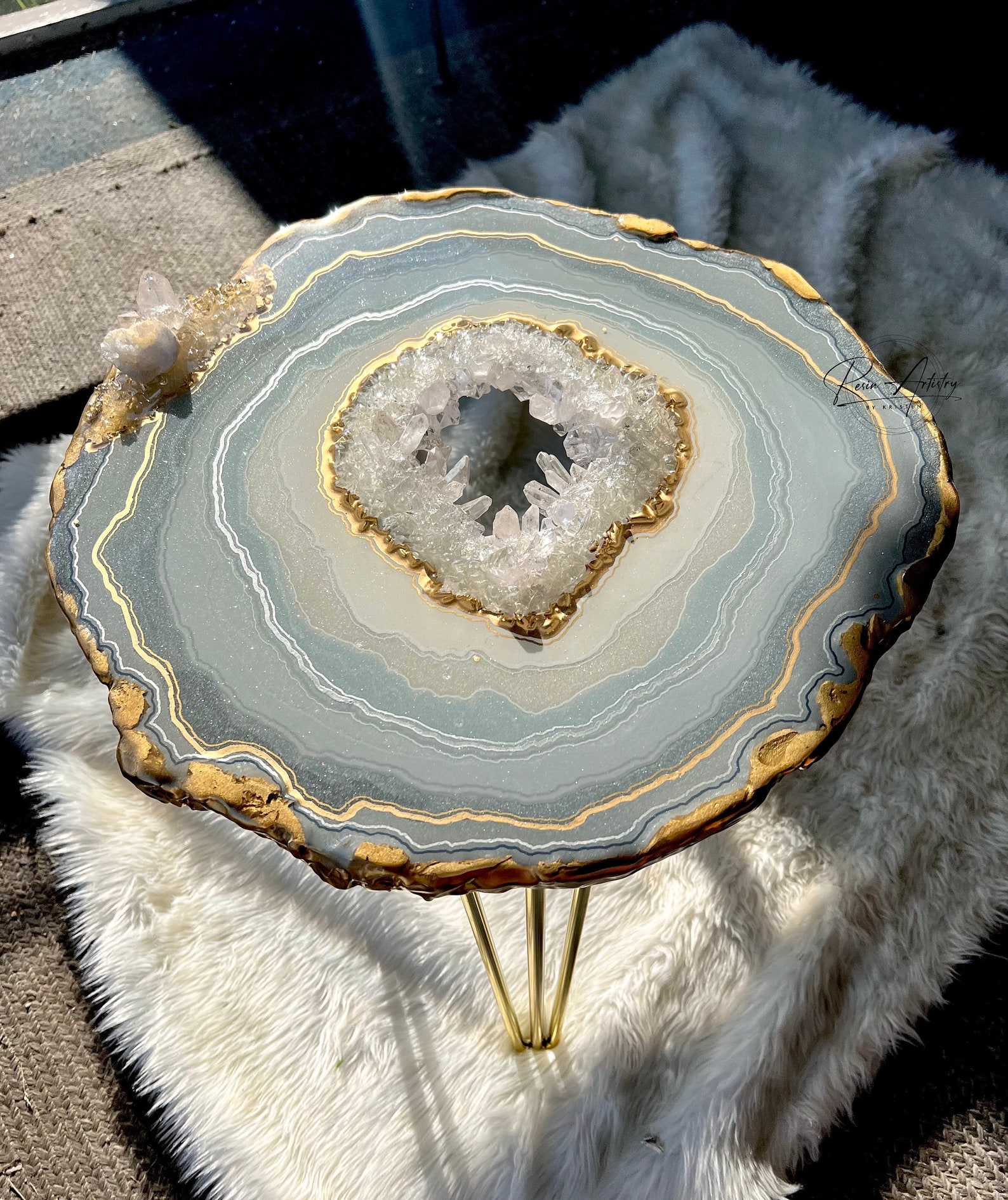 Geode Agate Authentic Crystal Resin Side or Coffee Table, Handmade to ...
