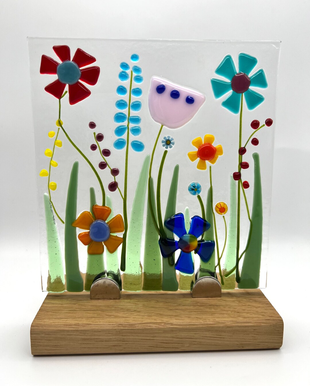 Bright and Bold Fused Glass Meadow on an Oak Stand - Etsy