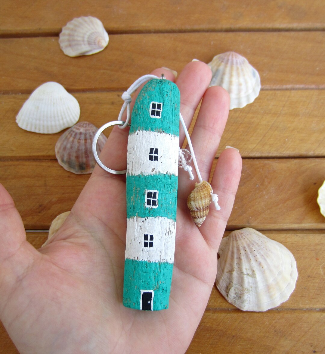 Driftwood Green Lighthouse Key Ring, Hand Painted Small Wooden Nautical ...