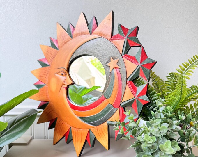 Vintage 1990s Hand-carved Sun and Moon Mirror, Boho Celestial Wall ...