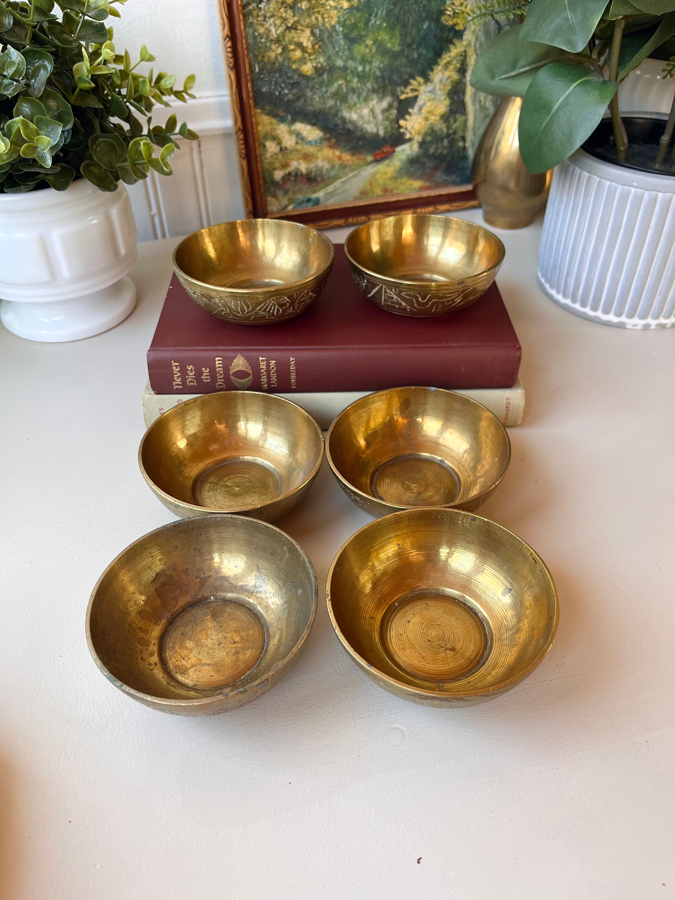 Vintage 1970s Small Etched Solid Brass Bowls, Set of 6, Egyptian ...