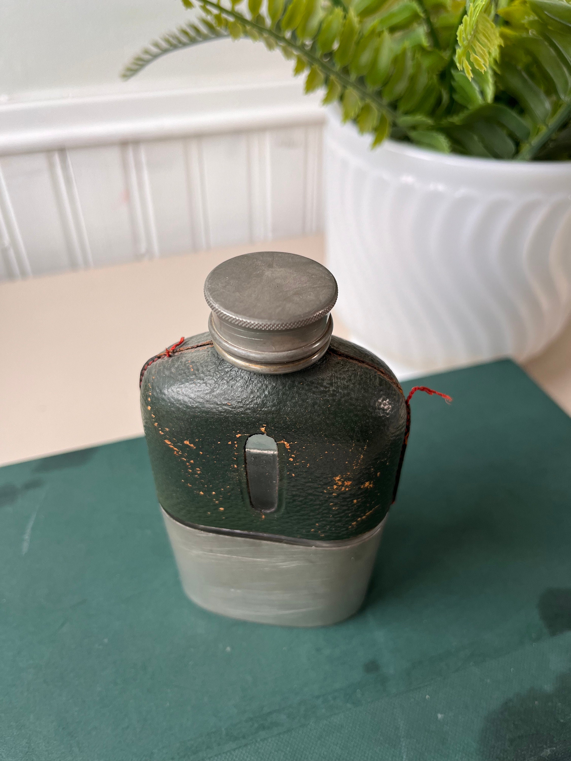 Vintage 1900s German Glass Hip Flask With Leather, 3 Oz Pewter ...