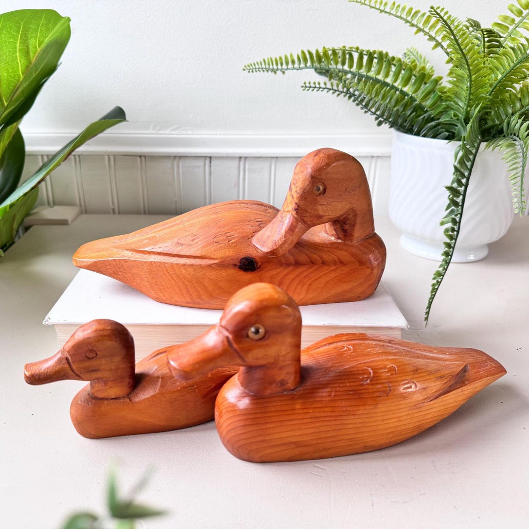 RARE Vintage 1970s Hand Carved Wooden Duck Trio, MCM Mid Century Wood ...