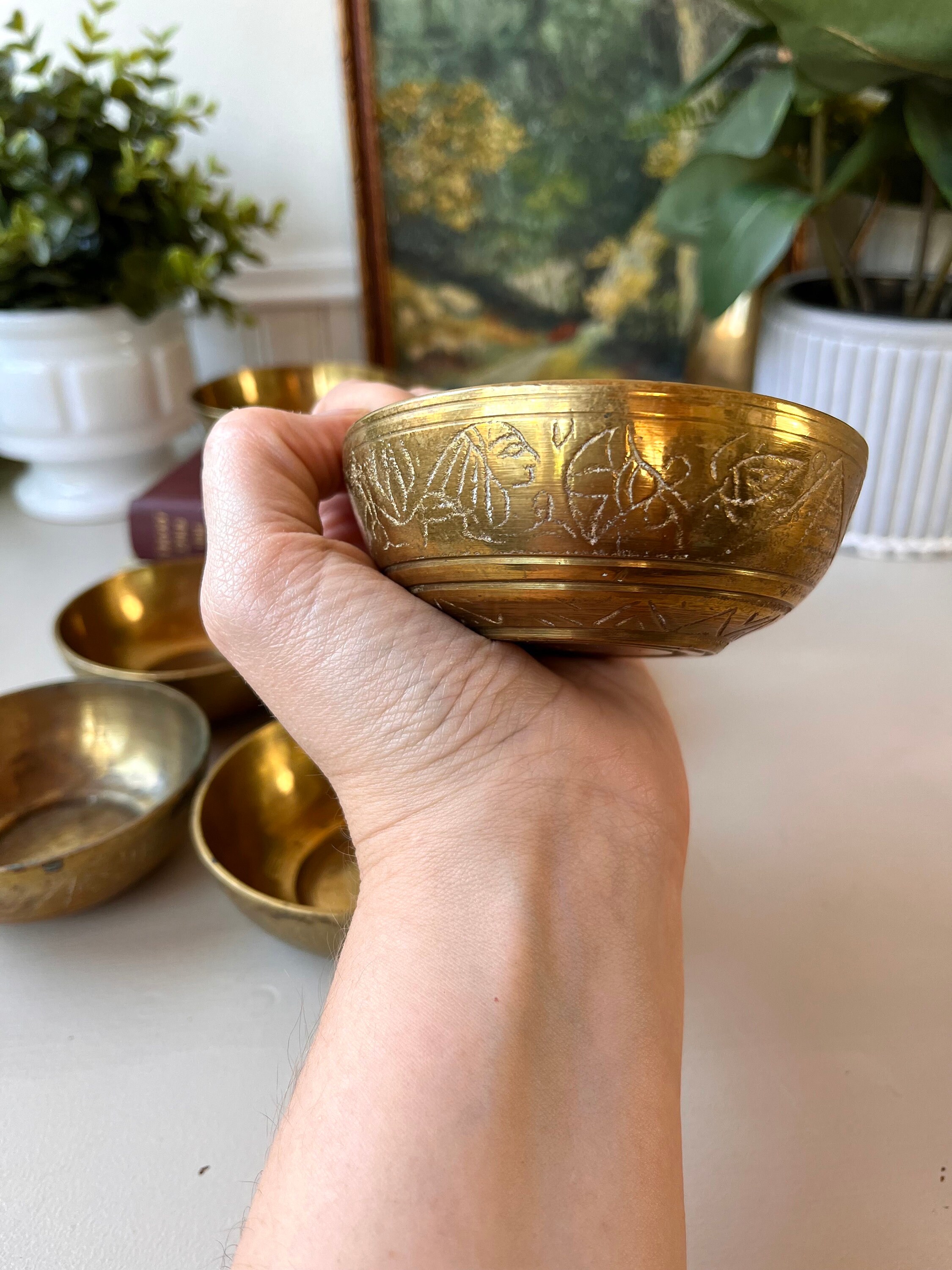 Vintage 1970s Small Etched Solid Brass Bowls, Set of 6, Egyptian ...
