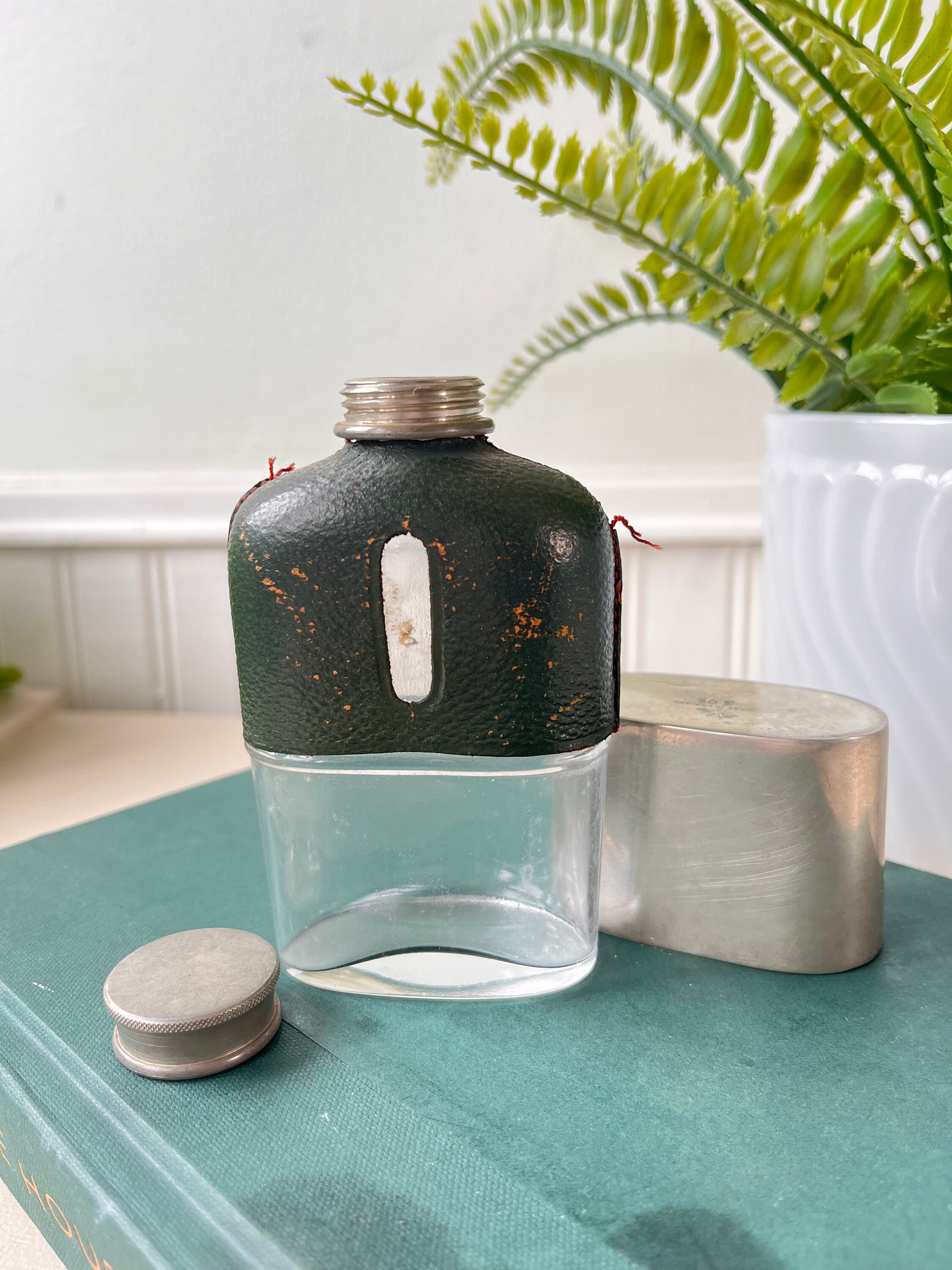 Vintage 1900s German Glass Hip Flask With Leather, 3 Oz Pewter ...