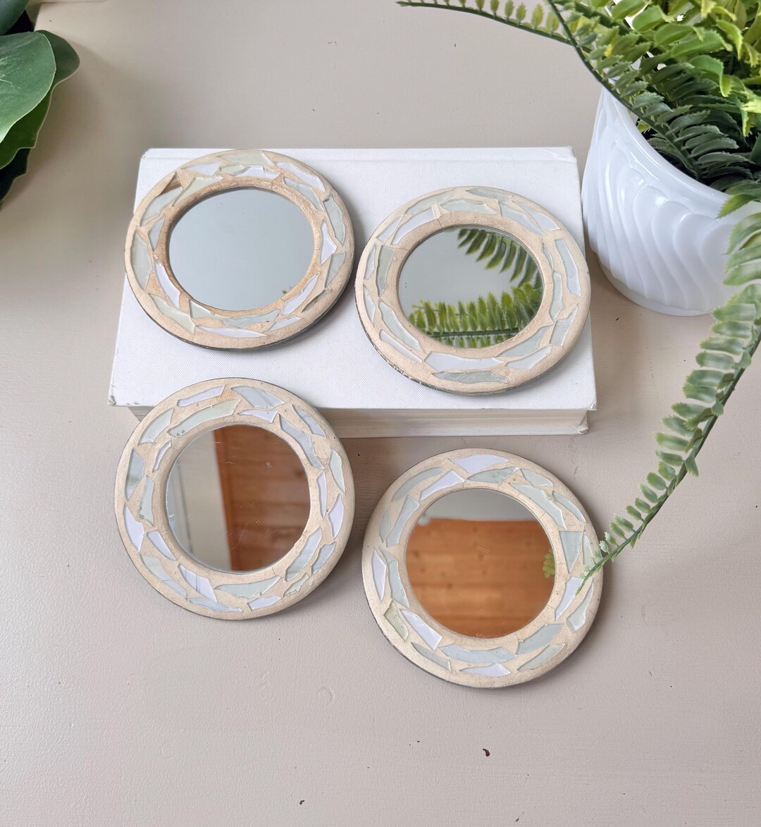Vintage 1990s Mosaic Mirror Coasters, Set of 4, Boho Decorative Drink ...
