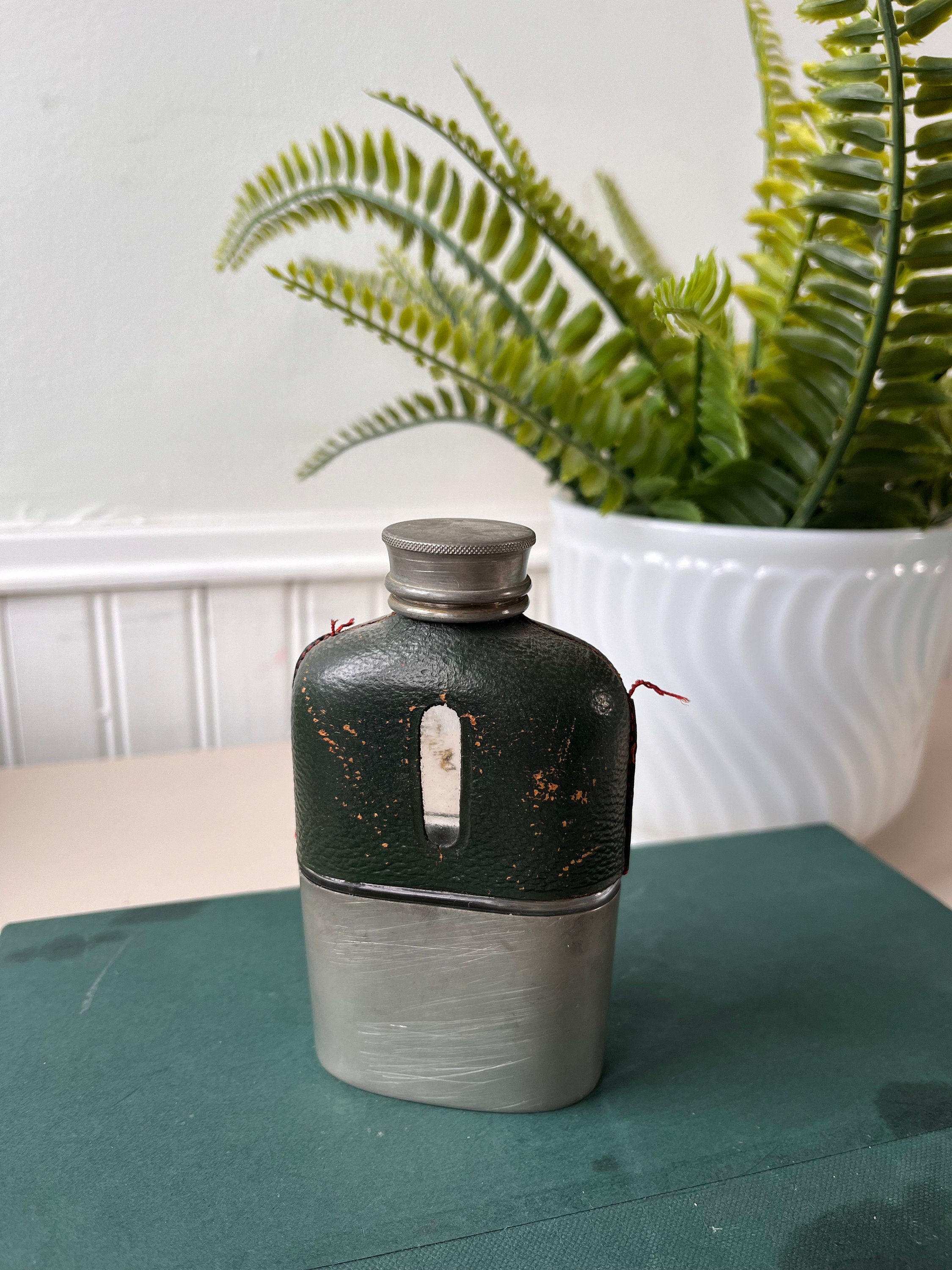 Vintage 1900s German Glass Hip Flask With Leather, 3 Oz Pewter ...