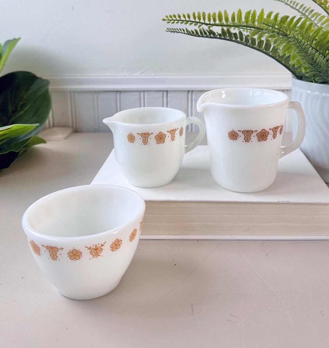 Vintage 1970s Pyrex / Corning Butterfly Gold Pattern Milk, Cream, Sugar ...