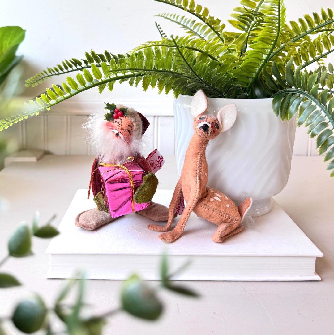 Vintage 1996 Annalee Santa With Gift & Felt Deer Set of 2, Holiday ...