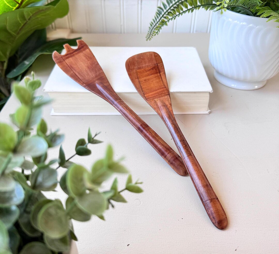 Vintage 1960s Tsubaki Wood Salad Servers, Set of 2, MCM Mid Century ...