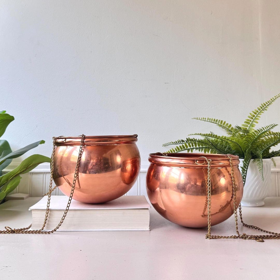Vintage 1970s Copper Hanging Planters, Set of 2, MCM Mid Century Round ...