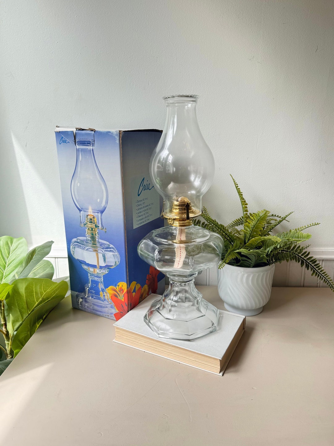 Vintage 1980s Large Glass Octagon Shape Oil Lamp, New in Box, Crisa ...