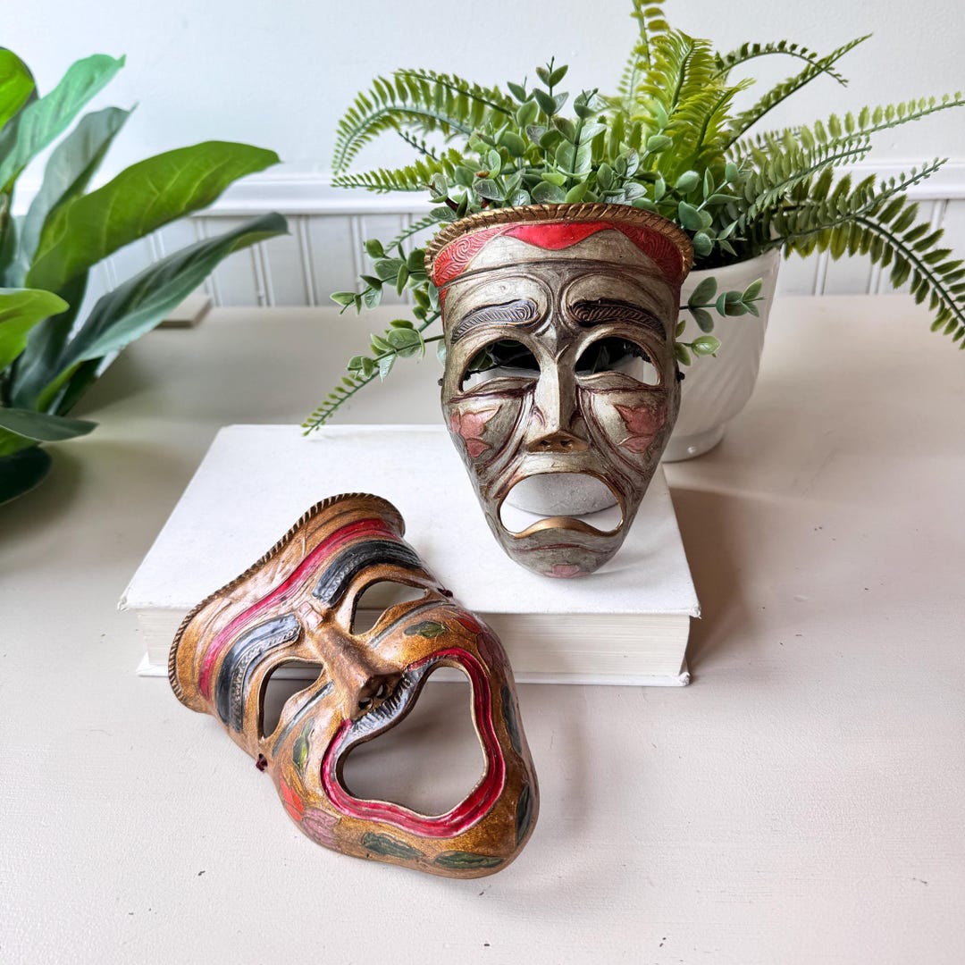 Vintage 1980s Brass Comedy & Tragedy Masks With Enamel Finishing, Made ...