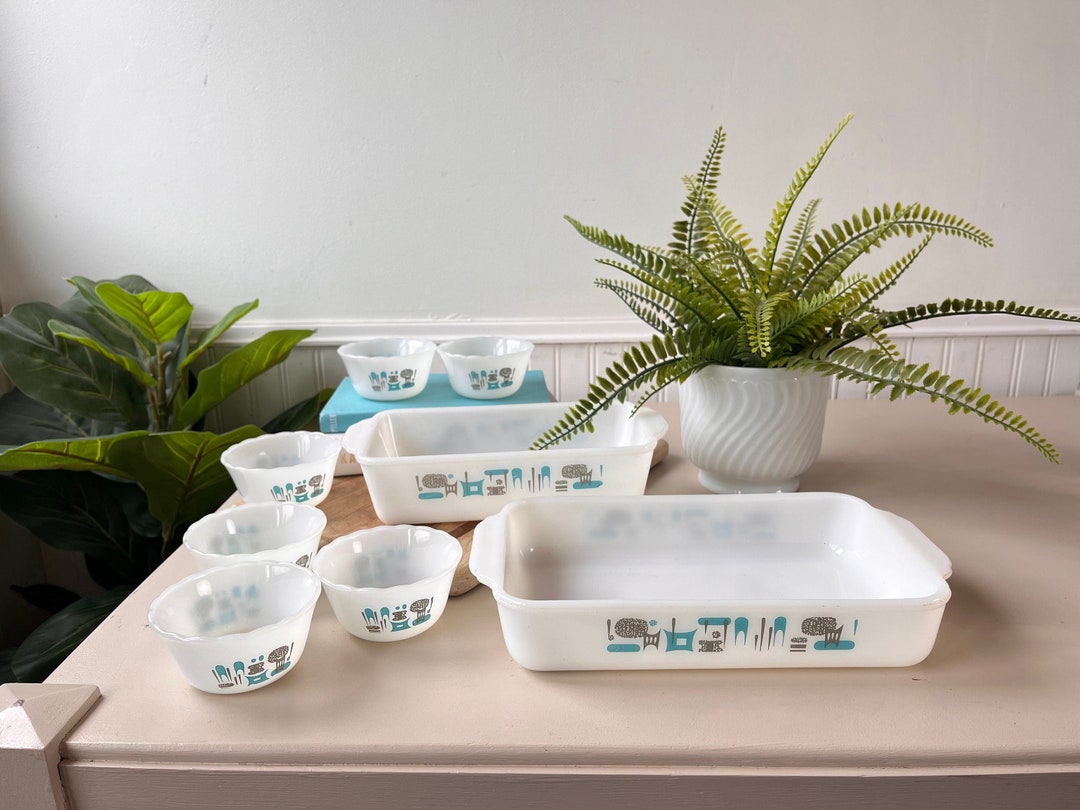 Vintage 1970s Fire King Blue Heaven Loaf Pan, Casserole Dish, 6 Dessert ...