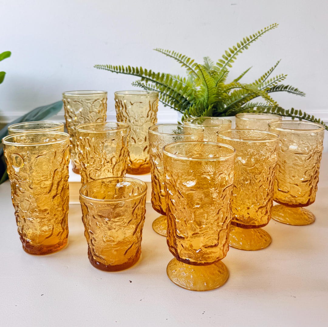 Vintage 1970s Amber Crinkle Glass Set of 12 – 6 Pedestal, 5 Tall, 1 ...