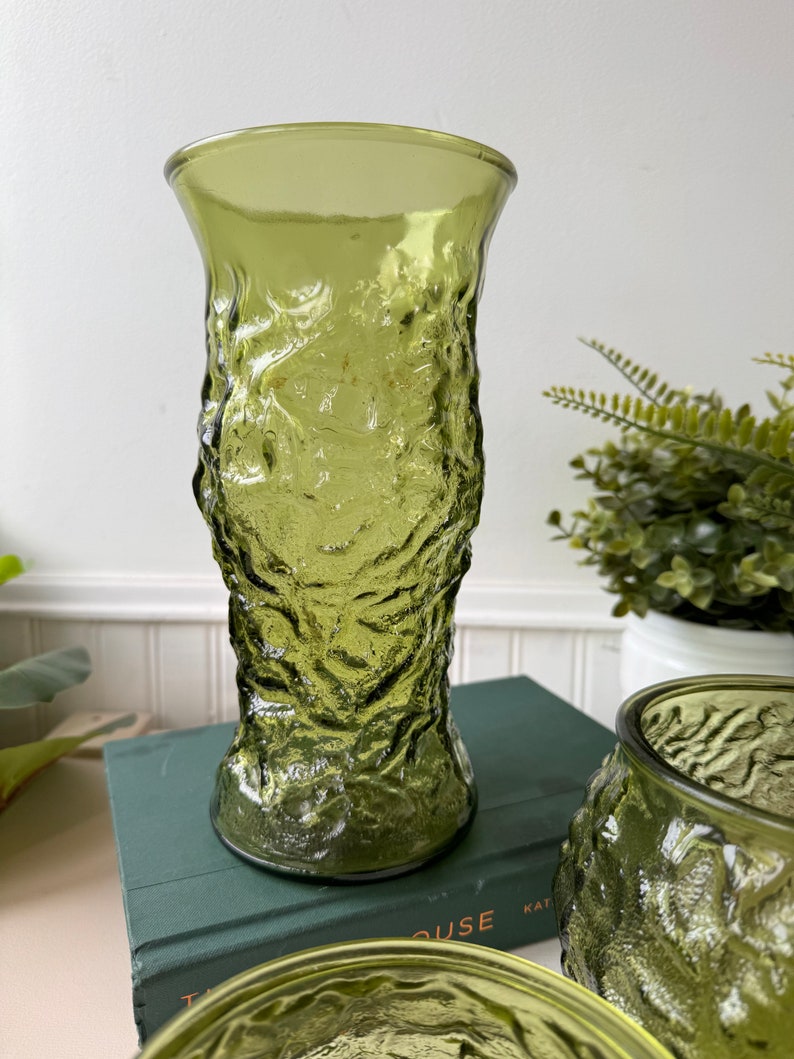 Vintage 1960s Olive Green Crinkle Glass Vases & Planter Dishes, Set of ...