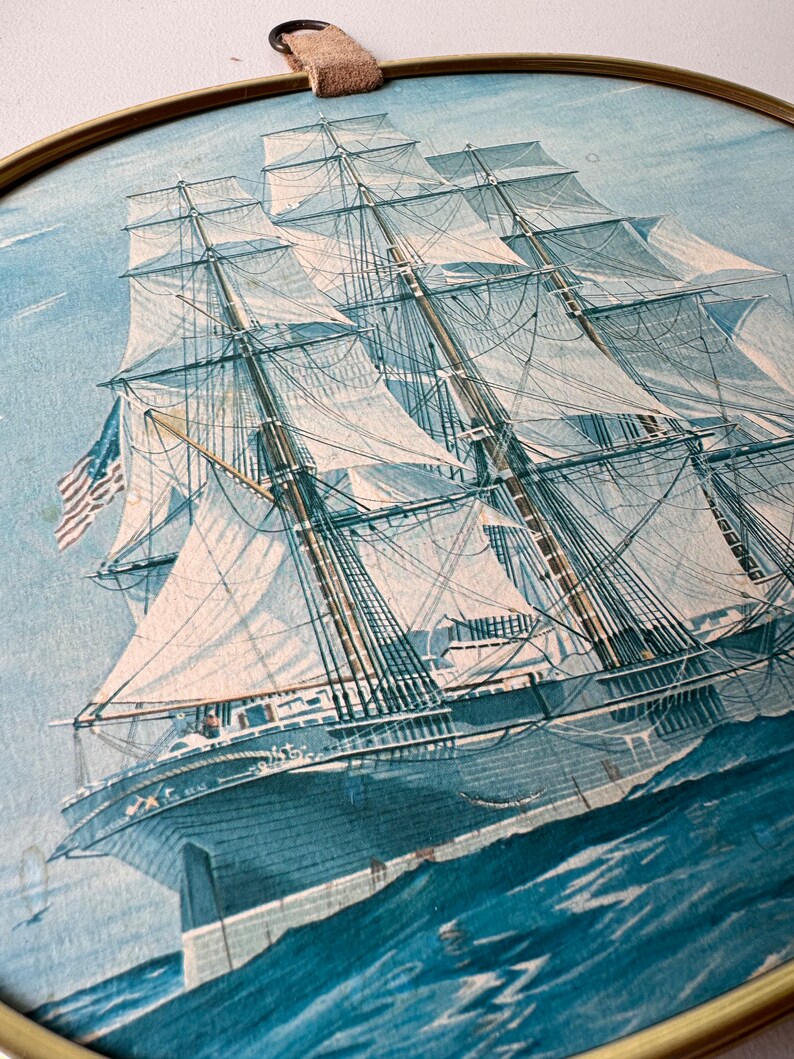 Vintage 1970s Wooden Ship Painting or Print With Gold Tone Trim and ...