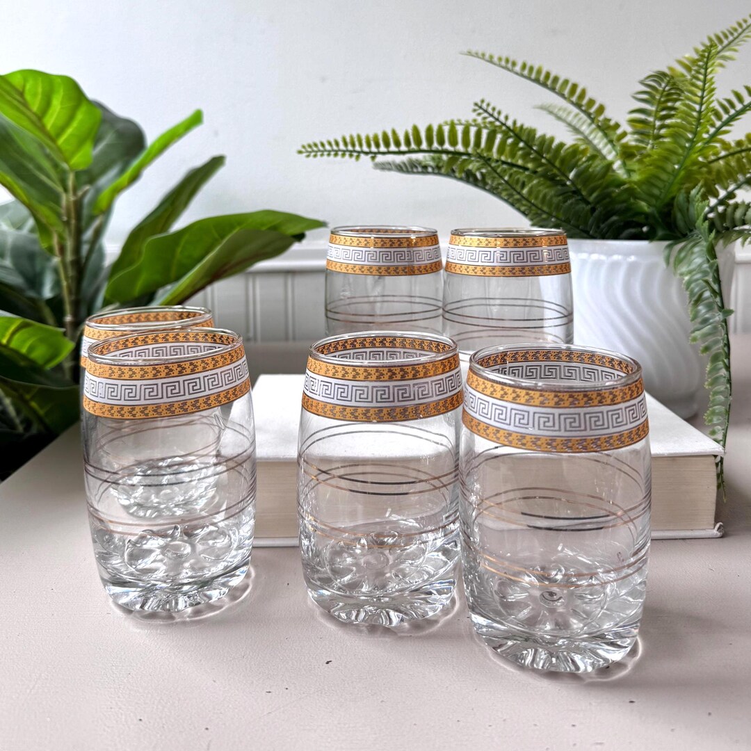 Vintage 1960s Gold Greek Key Glass Set of 6, MCM Mid Century Highball ...