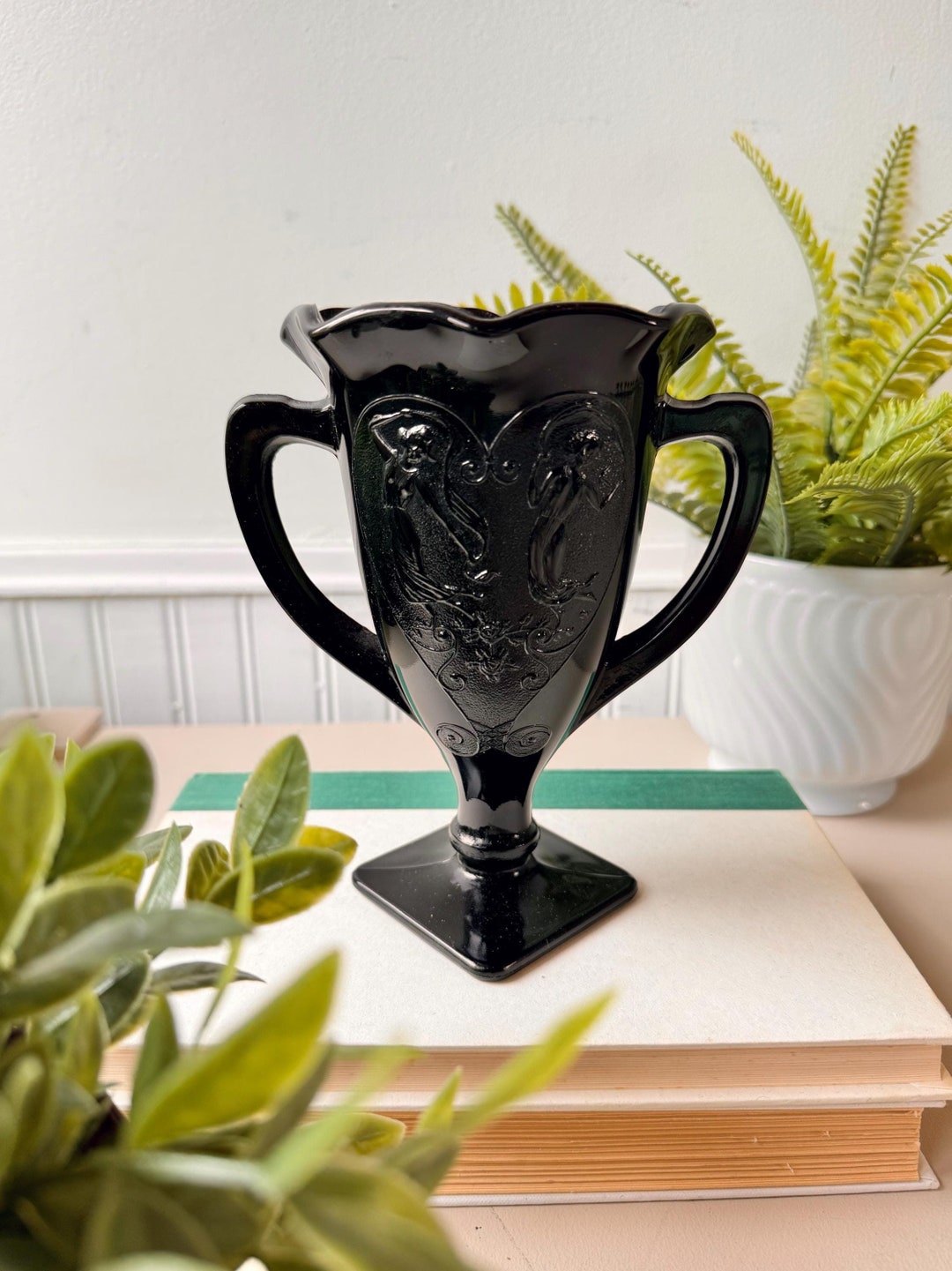 Vintage 1930s Black Amethyst Glass Trophy Vase, Mid Century Relief ...