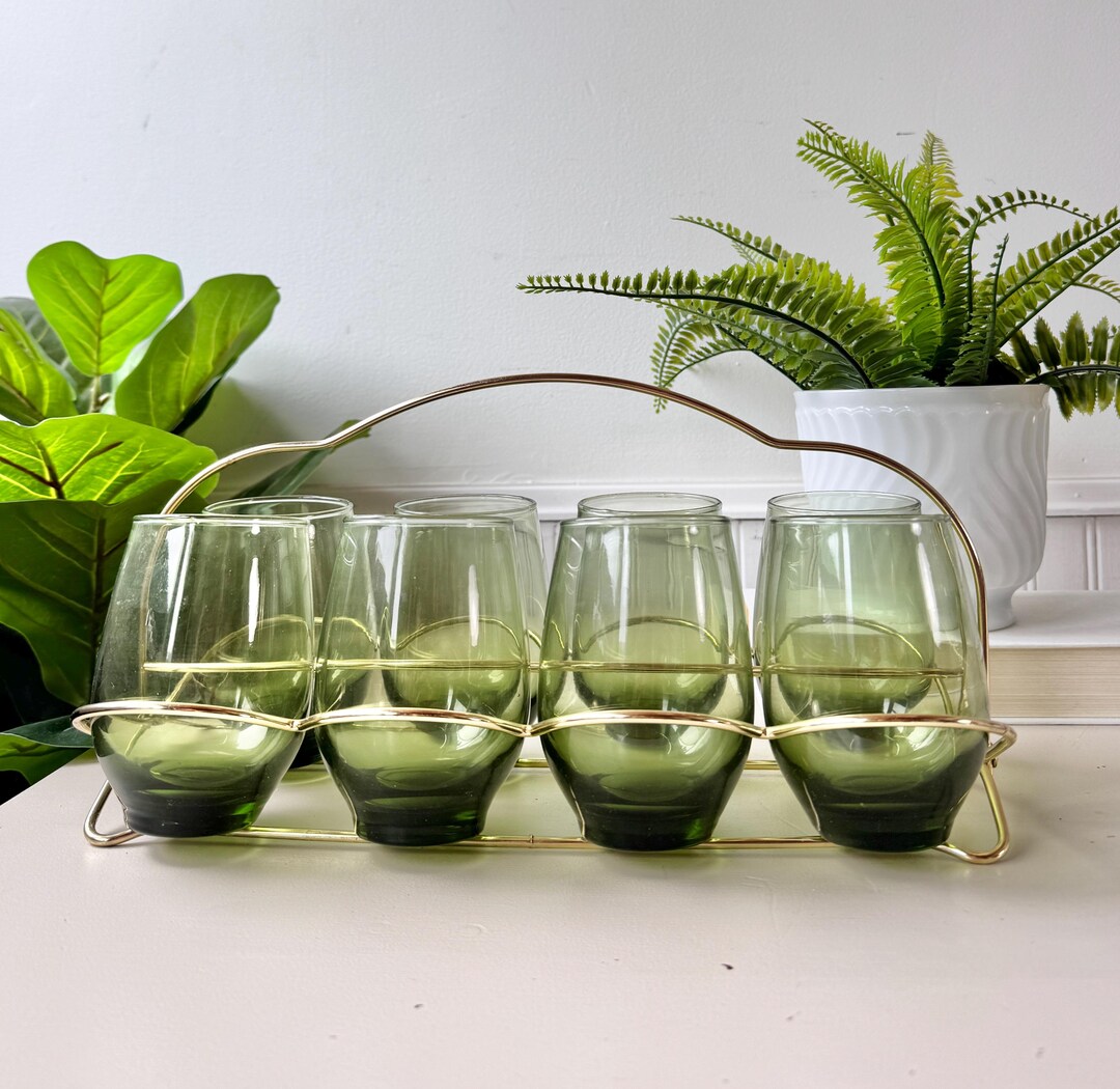 Vintage 1960s Libbey Green Glassware Set With Brass Foldable Carrier, 9 ...