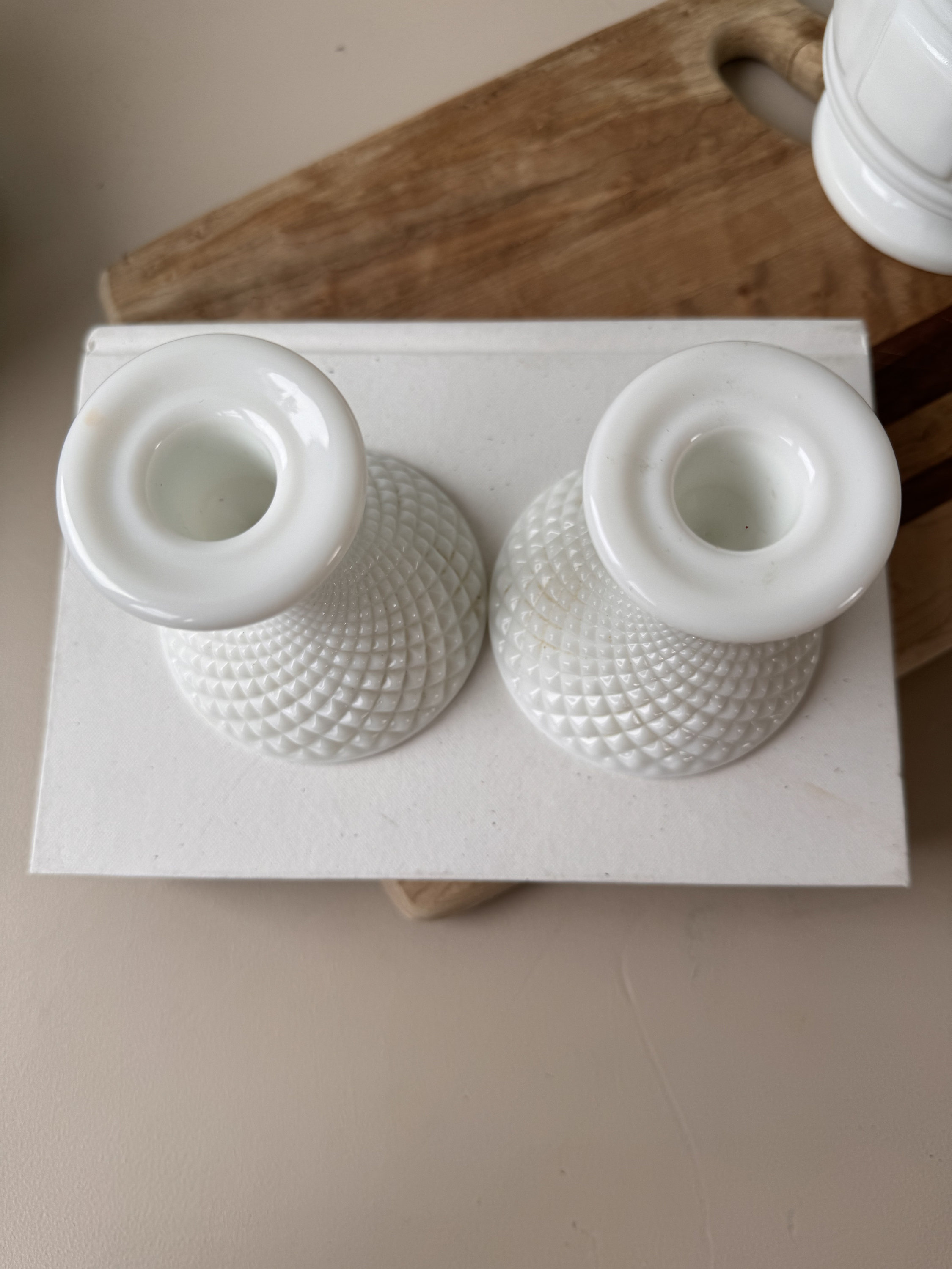 Vintage 1950s Milk Glass Hobnail Candle Holders, Set of 2, Diamond Cut ...
