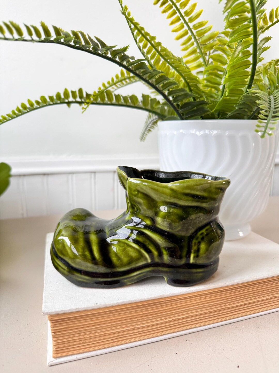 Vintage 1960s Green Glazed Boot Planter, MCM Mid Century Plant Pot ...